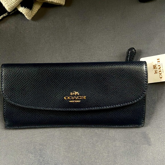 Coach | Bags | Coach Slimline Black Leather Wallet With Logo Print ...